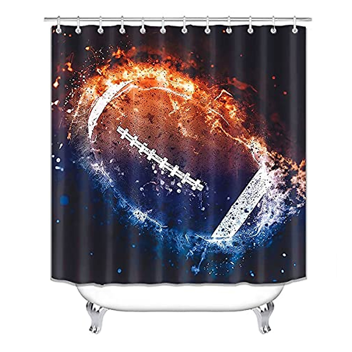 Jayden Madge 4PCS/Set Burning American Football Shower Curtain, Ice and Fire Championship Cool Sports Bathroom Decor for Men, Waterproof Fabric Black Shower Curtain, Non-Slip Bath Rugs, Flaming Ball