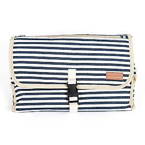 Simple Being Portable Changing Pad, Travel Diaper Canvas Clutch Mat, Diaper Bag Essential with Storage Pockets for Wipes and a Supportive Foam Head Pillow Padding (Navy Stripe)