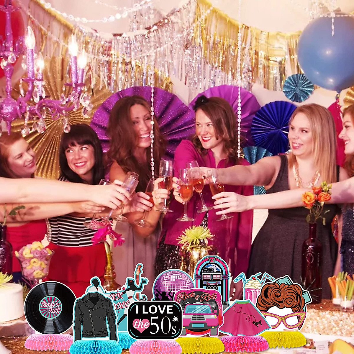 ZCPTZ 12 Pcs 1950's Rock and Roll Honeycomb Centerpieces 50's Party Decorations 50s Retro Table Toppers Table Centerpieces for 50's 60's Theme Music Party Supplies Favors