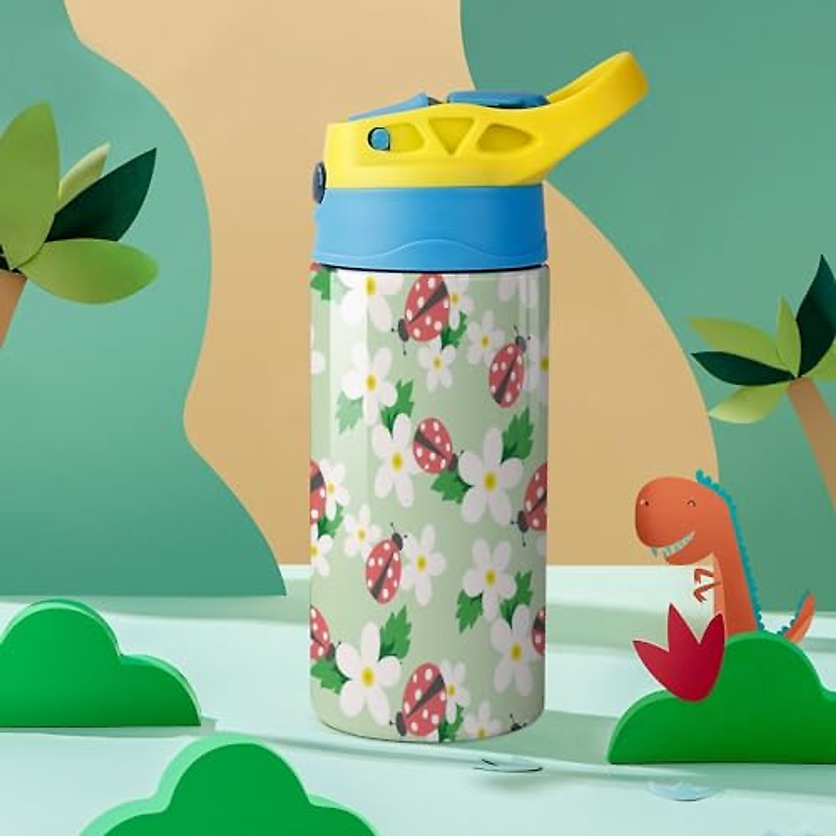 Kids Water Bottle with Straw Lid Small Flower with Ladybug Print 12 Oz/350 Ml Stainless Steel Reusable Thermos Bottles