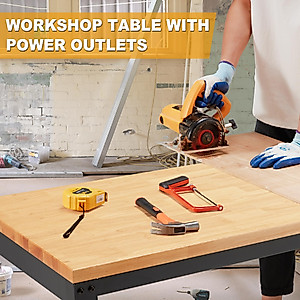 HABUTWAY Height Adjustable Workbench 60" 2000 Lbs Capacity Oak Wood Work Station Heavy-Duty Work Tables with Power Outlets for Garage Party Shop Office