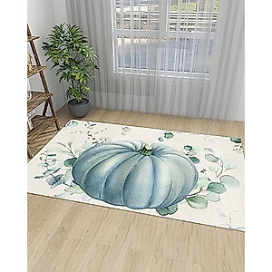 Rustic Blue Pumpkin Large Rectangular Area Rugs 5' x 8' Living Room, Durable Non Slip Rug Carpet Floor Mat for Bedroom Bedside Outdoor Thanksgiving Fall Green Eucalyptus Leaves