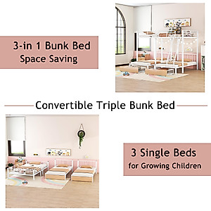 Metal Triple Bunk Bed Full Over Twin & Twin, Full Over Twin & Twin Bunk Bed with Storage Drawers, 3 Bunk Beds/Convertible Into 3 Beds, Metal Triple Bunk Beds for Kids,Teens, Girls(White)