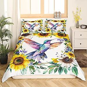 Erosebridal Girls Hummingbird King Bedding Set Rustic Sunflower Comforter Cover for Kids Women Garden Watercolor Bird Flowers Duvet Cover Farmhouse Botanical Leaves Floral Bed Set 2 Pillow Cases