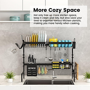 MERRYBOX Over The Sink Dish Drying Rack, 2-Tier Adjustable Length (25.6-33.5in), Stainless Steel Dish Drainer with Cutting Board Holder, Large Dish Rack for Kitchen Counter Organizer Space Saver