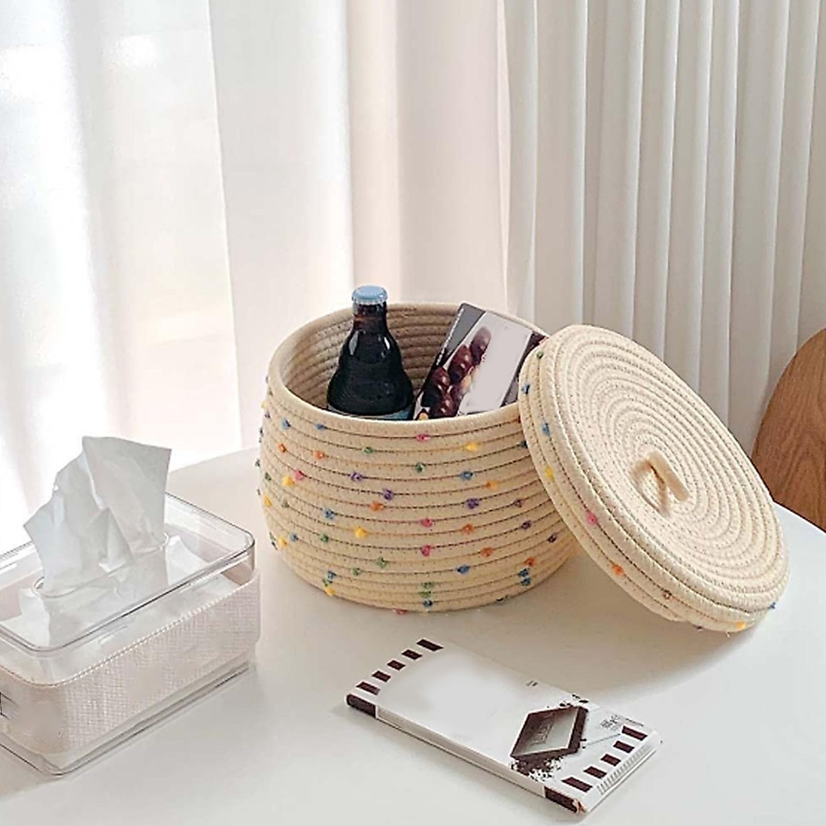 HERCHR Cotton Rope Basket, Small Rainbow Basket Mini Woven Basket Small Round Basket Woven Storage Basket with Lid for Organizing