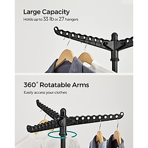 SONGMICS Clothes Drying Rack, 59-Inch Folding Laundry Drying Rack with 3 Rotatable Arms for Hangers, 4 Legs, Stainless Steel, for 27 Pieces of Clothes, Black ULLR510B01