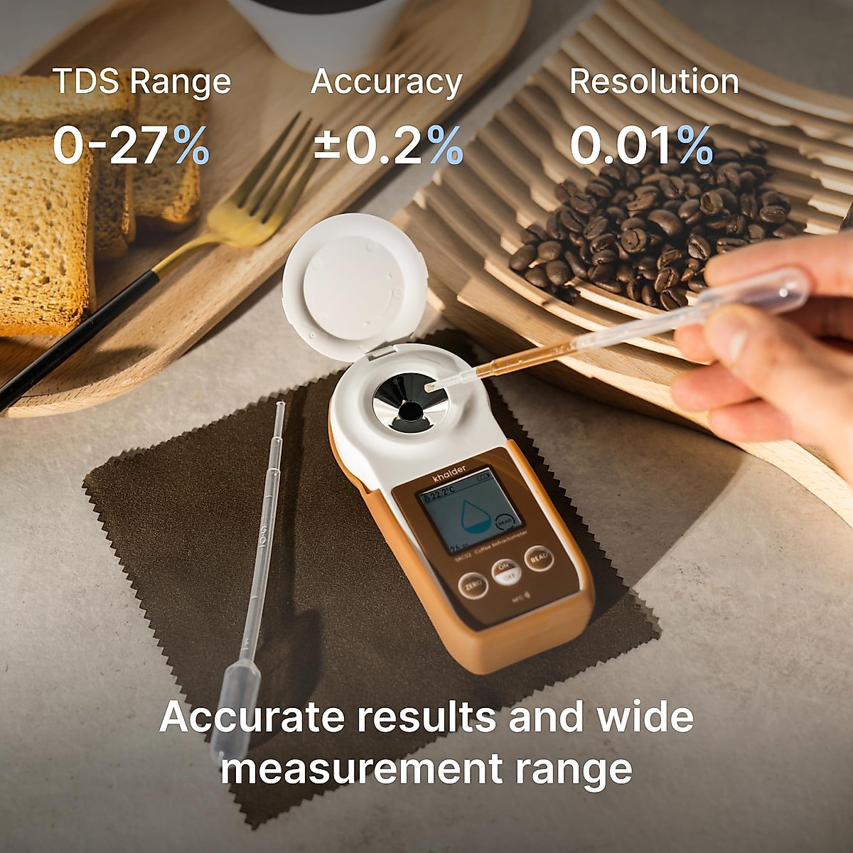 Digital Coffee Refractometer - Pairs with Smartphone | Range 0-27%; Accuracy ±0.2%; ATC 50°F to 140 °F | Portable Handheld | Made in Korea | Measures Coffee TDS Easy to Read | IP65 Waterproof