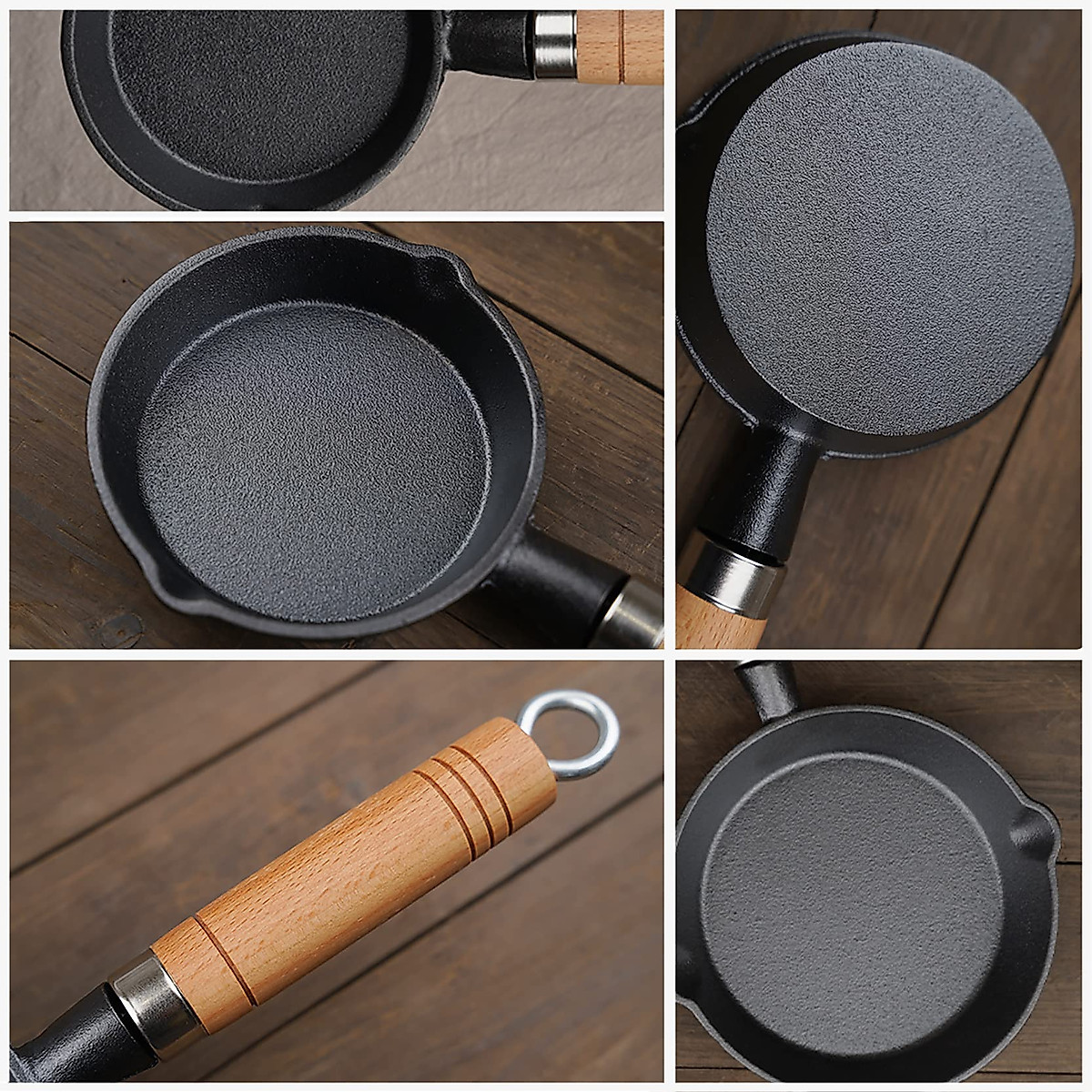 UPTALY 6.1 inch Mini Cast Iron Skillet, Omelet Pans, No Coating, Physical Non Stick Pan, Small Frying Pan with Wood Handle, Japanese Omelette Pan, Black Miniture Skillet for Baked Cookie/Brownie