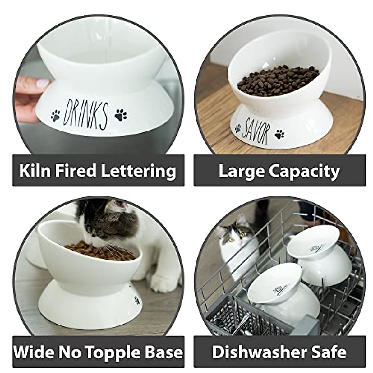 Prefurred Pet Elevated Cat Food Bowl Set (Dinner & Drinks Cat Dish) Two Elevated Cat Bowls, Cat Dishes for Food and Water. Porcelain Raised Cat Bowl, Small Pet Dog Bowl. Wide Tilted Cat Food Bowls.