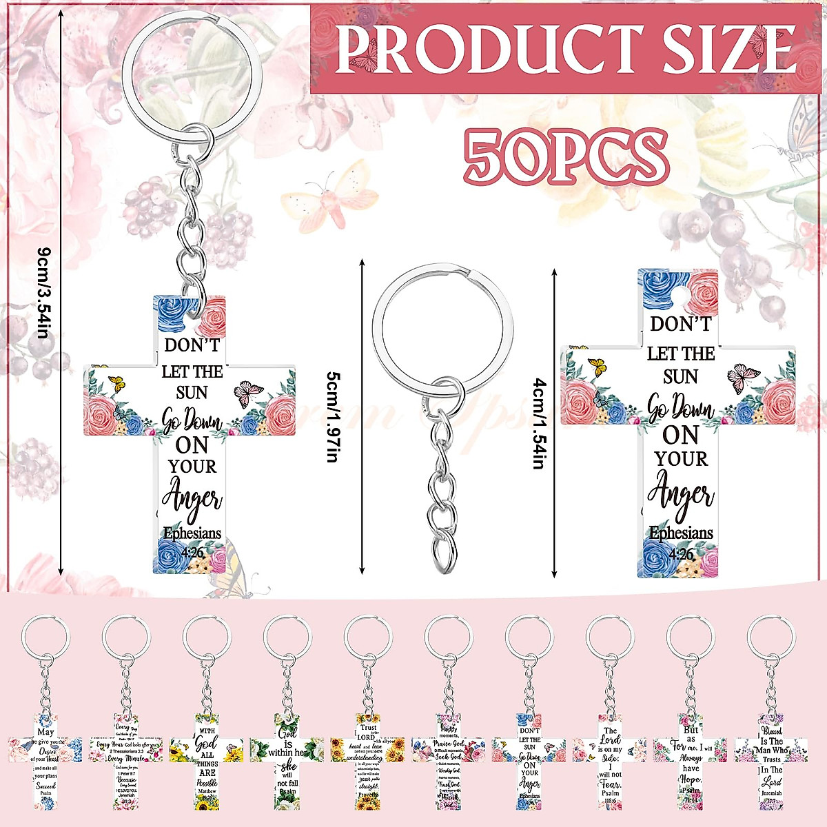 Remuuly 50 Pcs Christian Cross Keychain Bulk Floral Acrylic Bible Verse Keychain Religious Christian Keychains Inspirational Quotes Scripture Keychain for Women Men Church Mother's Day Gifts