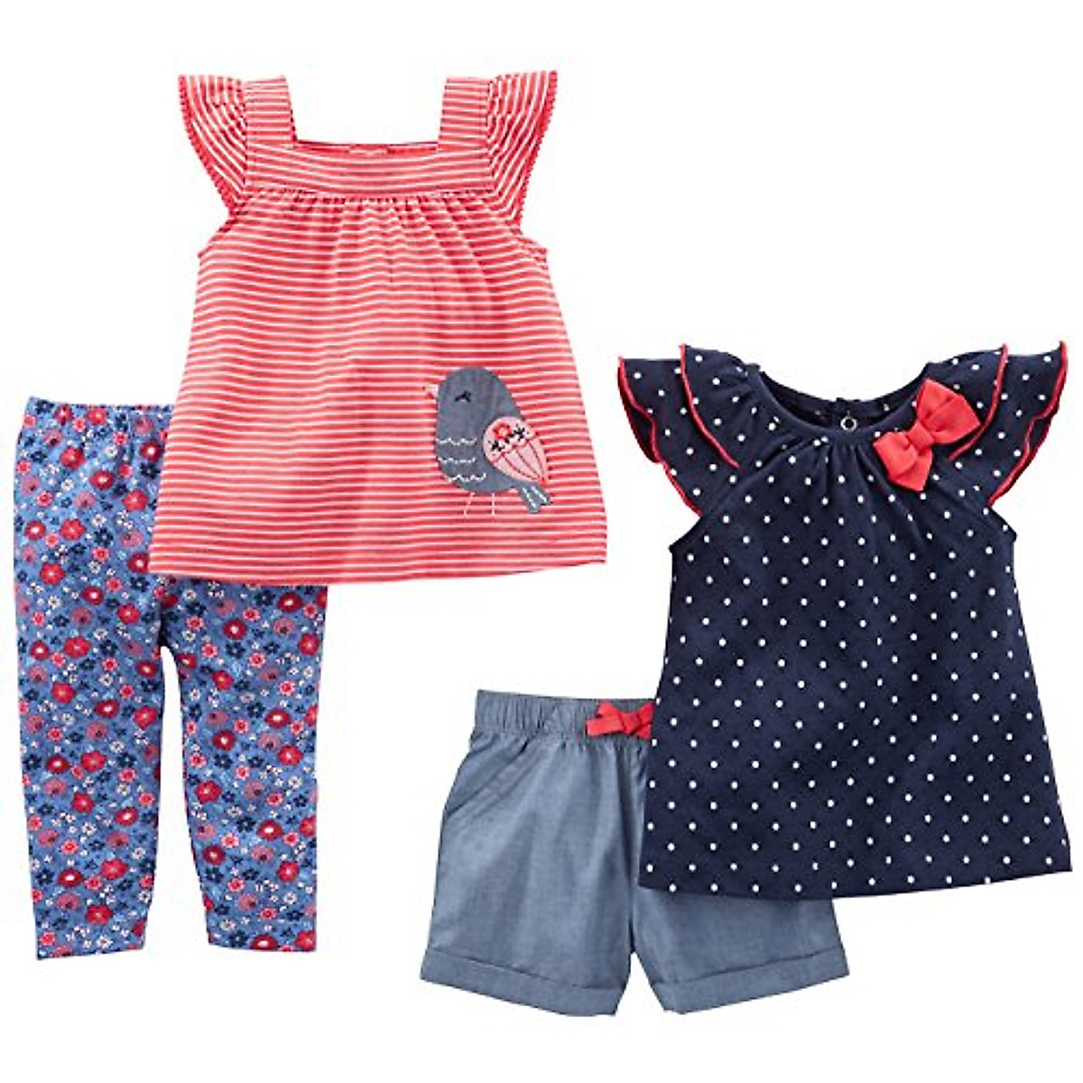 Simple Joys by Carter's Baby Girls' 4-Piece Playwear Set, Navy/Red, Dots/Stripe/Bird, 18 Months