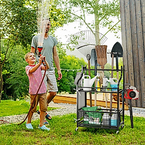Goplus Garden Tool Organizer, 3-Tier Garage Tool Storage Cart w/Removable Hooks, Side Bag, Universal Wheels, Yard Tool Rack Holder, Metal Tool Rolling Cart for Shed, Lawn