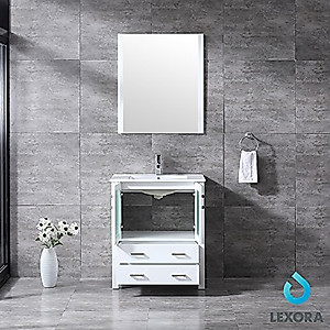 Lexora Volez 30 in W x 18.25 in D White Bath Vanity, White Ceramic Top and 28 in Mirror