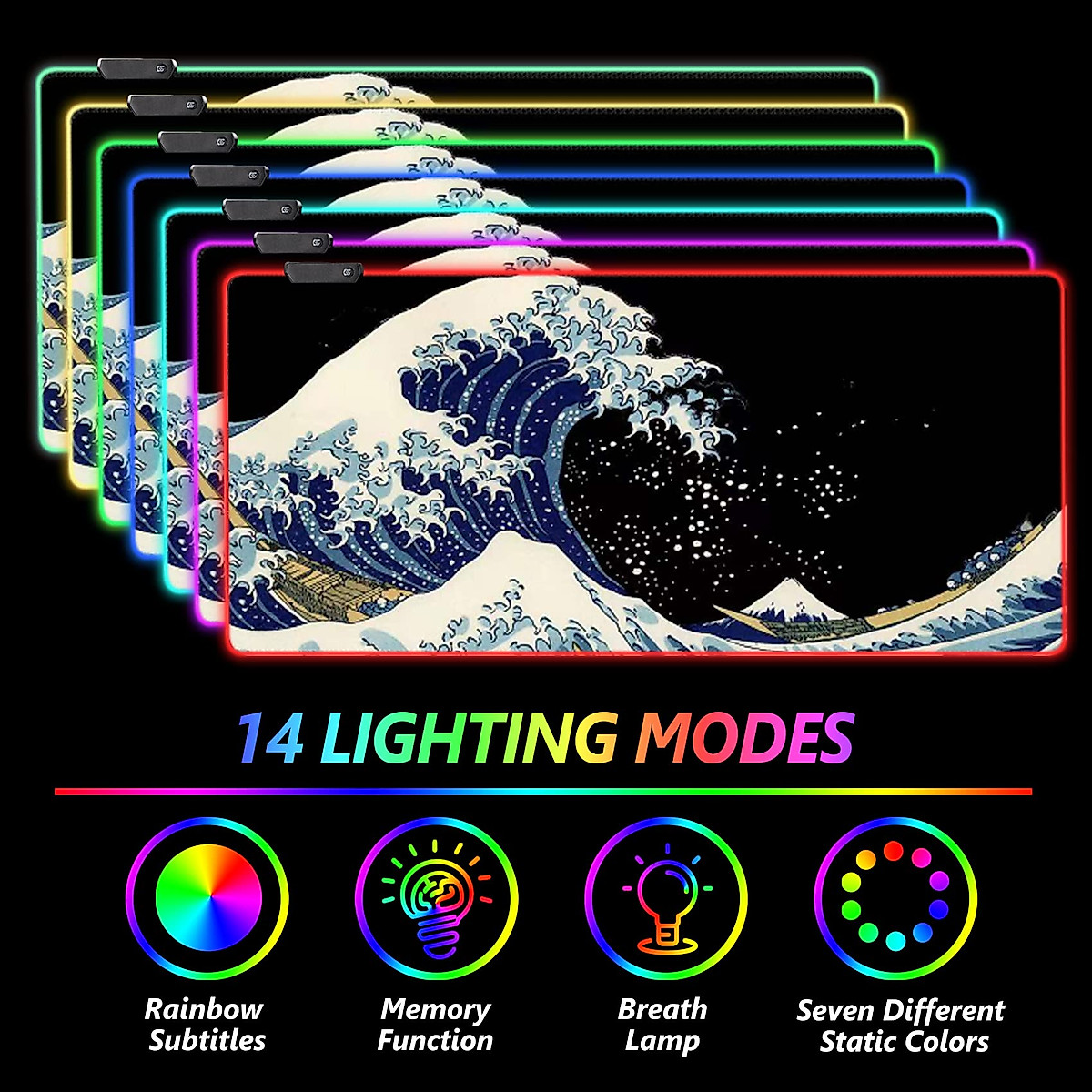 RGB Gaming Mouse Pad Large, AIMSA Keyboard Led Mousepad Extended 35.4 x 15.8 inch Non-Slip Rubber Base with 14 Lighting Modes, Big Desk Mat Waterproof, Big Waves