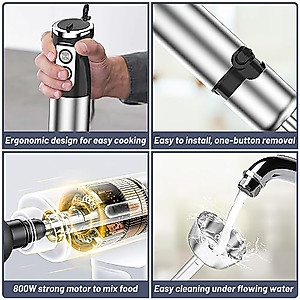 Immersion Blender 800W, 5 in 1 Hand Blender, 24 Speed and Turbo Mode Immersion Blender Handheld, Stick Blender Stainless Steel Blade with Mixing Beaker, Chopper, Whisk and Milk Frother