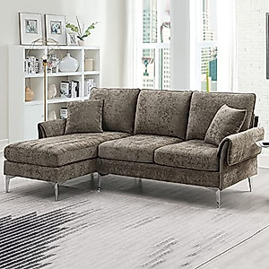 FANYE 84" L-Shaped Upholstered Corner Sectional 3 Seaters Sofa, Modern Chenille Upholstery Metal Legs Couch with Reversible Chaise and 2 Pillows for Home Apartment Office Living Room, Taupe