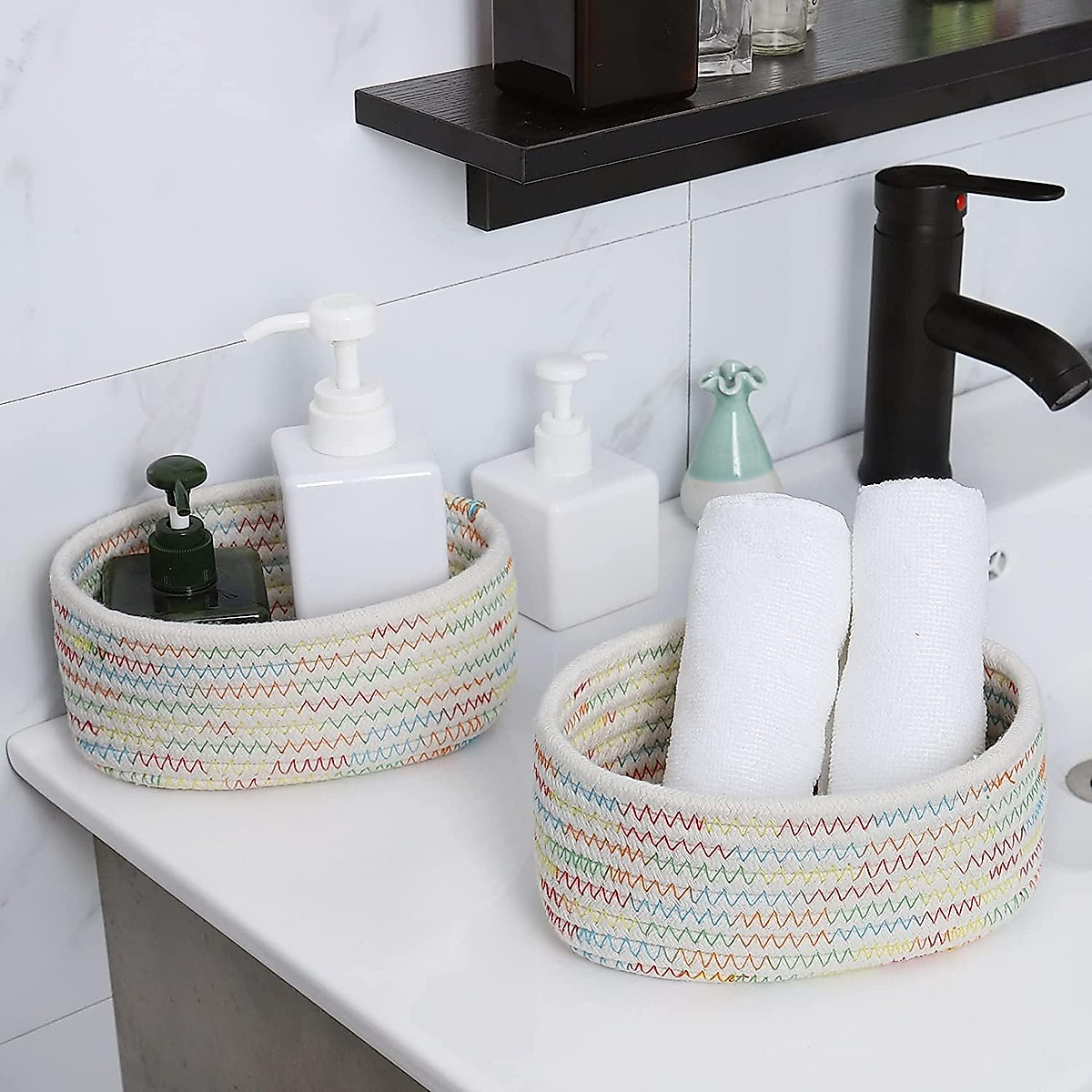 【2 Pack】ABenkle Small Woven Baskets, Tiny Oval Shallow Storage Baskets, Mini Cotton Rope Empty Decorative Basket, Boho Little Organizer Bins for Bathroom, Cat Dog Toy Gifts Baskets