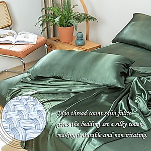 Revdomfly 4 Pcs Luxury Silky Soft Olive Green Satin Sheet Set,1 Premium Moisture Wicking Fitted Sheet Fits Up to 16 Inches Deep Pocket + 1 Flat Sheet + 2 Pillowcases（Olive Green, California King）