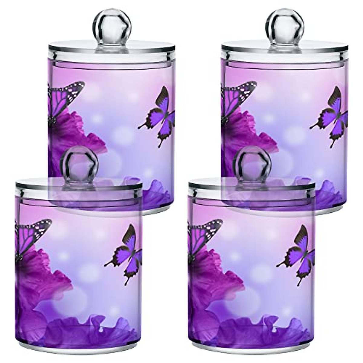 JUMBEAR 2 Pack Purple Butterfly Qtip Holder Dispenser with Lid, 14 oz Clear Plastic Apothecary Jar Set for Bathroom Vanity Organizers Storage Containers