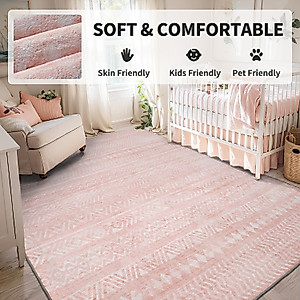 Engiw Pink Nursery Rug Boho Area Rug for Nursery Baby Girl 5x7 Washable Rugs Pink Rugs for Bedroom Girls Toddler Girl Room Rug Kids Playroom Rug Soft Rugs for Living Room Pink Non Slip Modern Rug