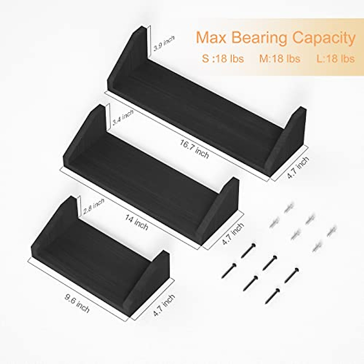 SRIWATANA Floating Shelves Wall Mounted Set of 3, Solid Wood Wall Shelf Display Ledge Storage Shelves for Living Room Kitchen Bathroom, Black