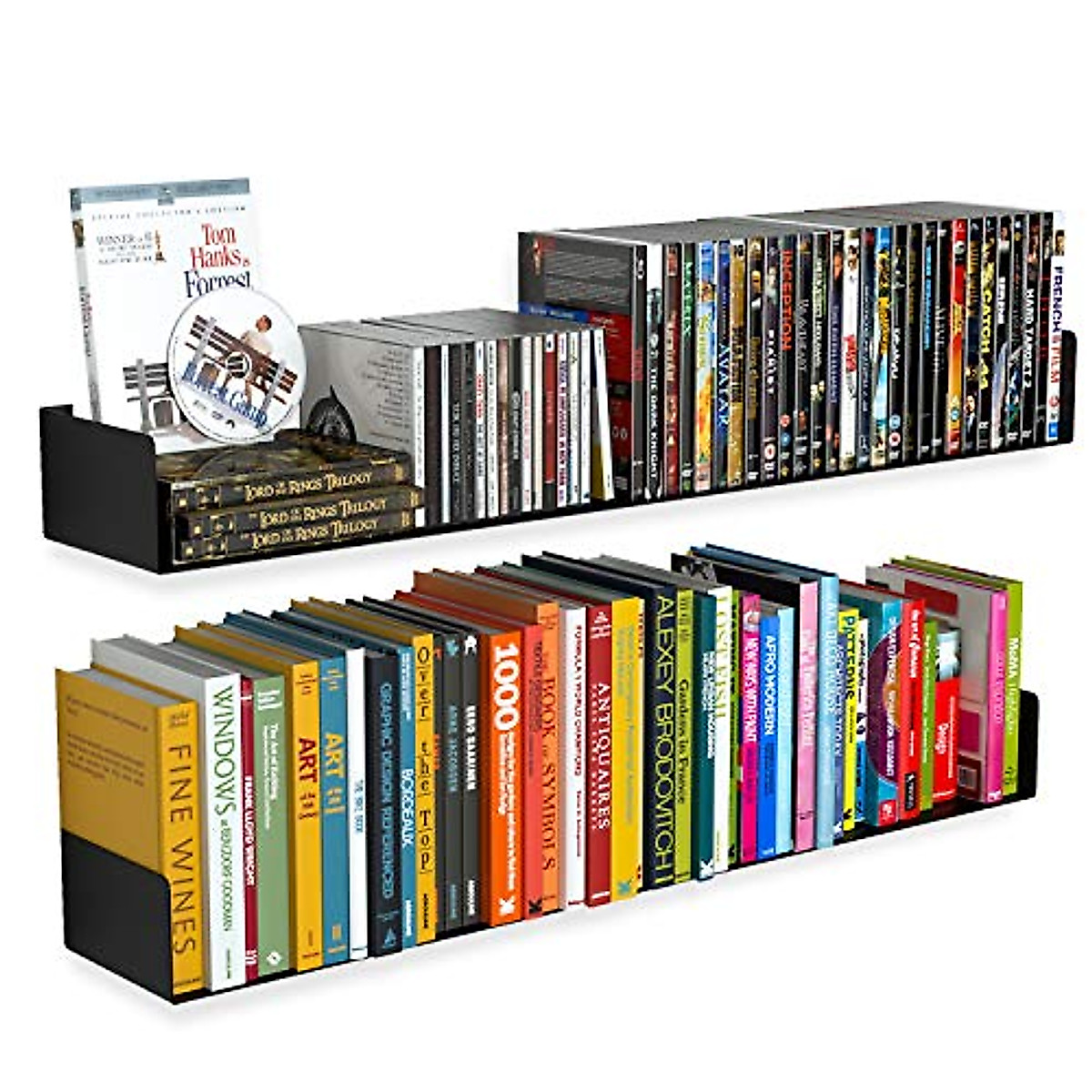 Wallniture Bali 33 Inch Floating Bookshelf and CD DVD Storage Shelves, Video Game Shelf Set of 2, Metal Black Floating Shelves for Wall