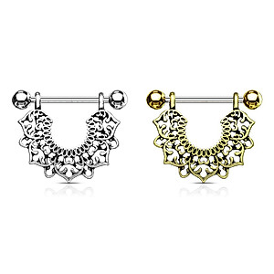 Covet Jewelry Filigree Flower Dangle 316L Surgical Steel Nipple Rings (Gold)