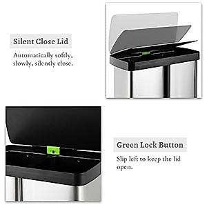 Arlopu 16 Gallon Dual Trash Can, 60L Stainless Steel Kitchen Garbage Can, Step-on Classified Recycle Garbage Bin with Removable Inner Buckets, for Kitchen, Living Room, Office, Silver (2x30L)