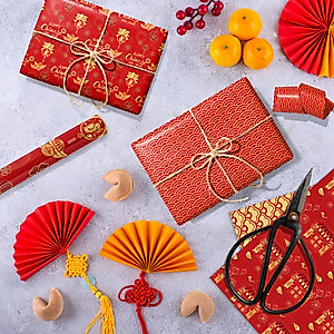 New Year Wrapping Paper Set, 12 Sheets Chinese New Year Wrapping Paper 4 Style Red and Gold Gift Wrap New Year Birthday Party Decoration New Year Gift Wrap for Chinese New Year Decorations 20'' x 27''