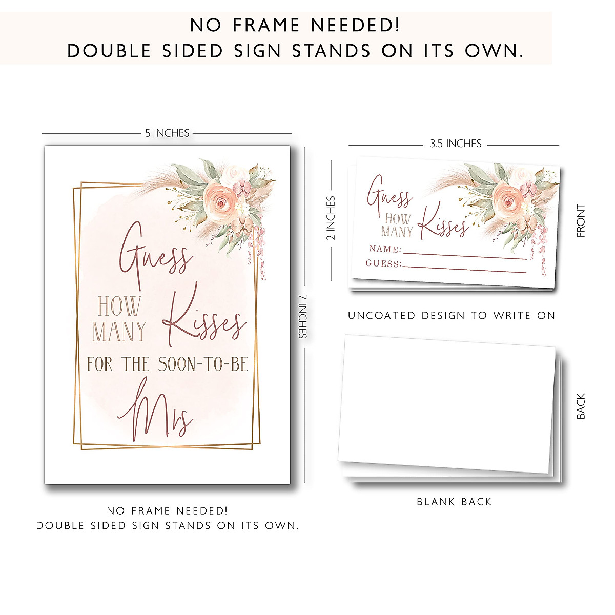 Your Main Event Prints Boho Pink Gold Pompas Grass How Many Kisses Game Sign and Cards Great For Bridal Showers and Weddings, Floral