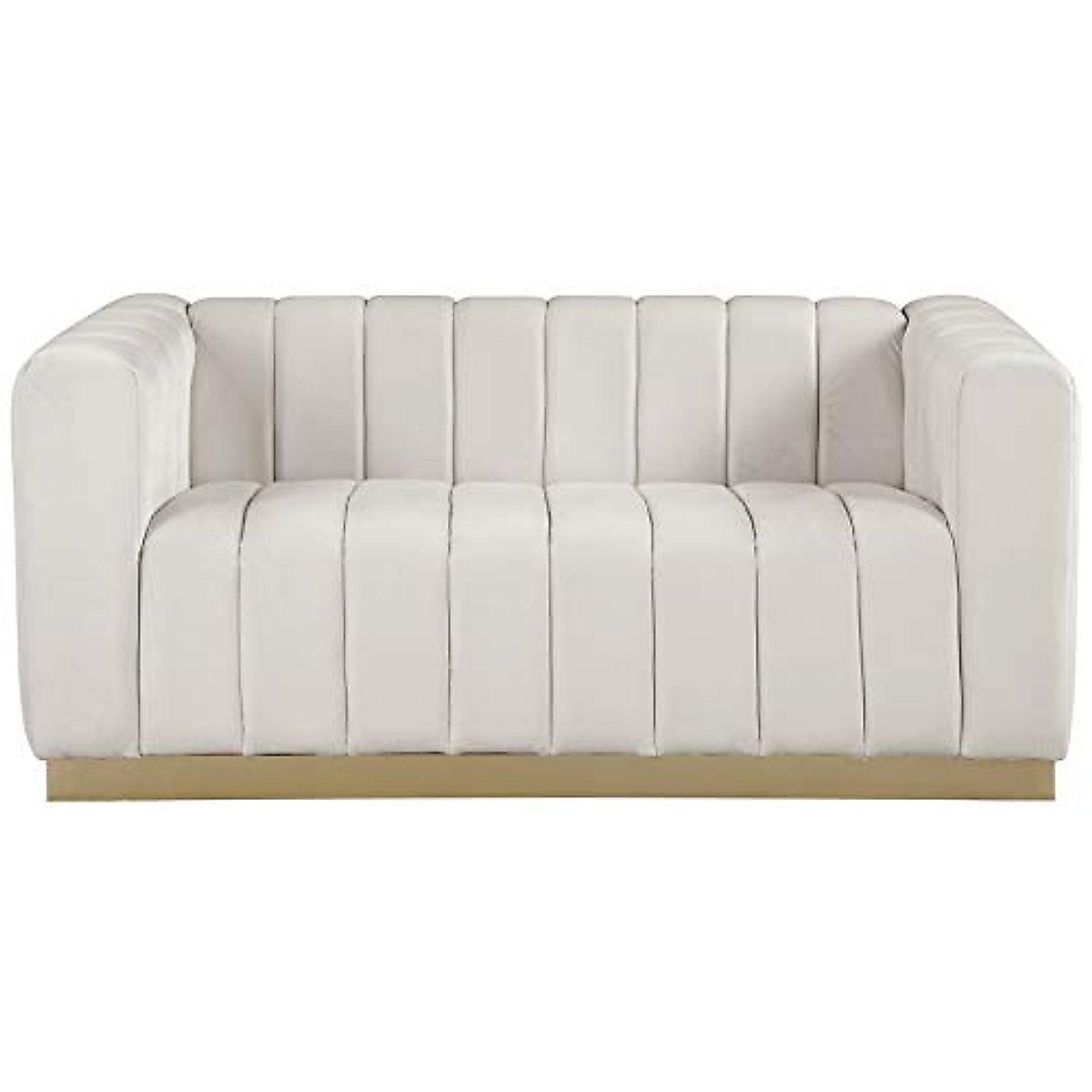 Meridian Furniture 603Cream-L Marlon Collection Modern | Contemporary Velvet Upholstered Loveseat with Deep Channlel Tufting and Brushed Gold Finish, Cream, 62.5" W x 34" D x 28" H