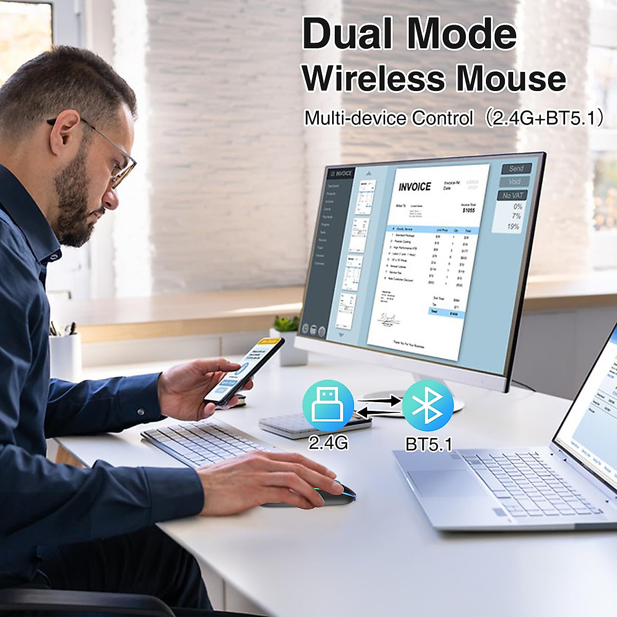 cimetech M01 Wireless Bluetooth Dual Mode Mouse, [1 Mouse for 2 Devices] [Ultra-Low Decibel Click], Rechargeable Ultra Slim LED Sleek Mouse, Plug and Play for iPad Mac Laptop Tablet PC Window - Black
