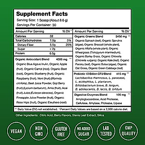 Super Greens Powder Premium Superfood | 20+ Organic Green Veggie Whole Foods | Wheat Grass, Spirulina, Chlorella & More | Antioxidant, Digestive Enzyme & Probiotic Blends | Vegan Juice Supplement