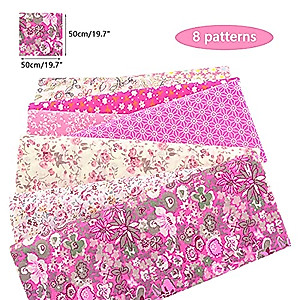 100% Cotton Fabric for Sewing(8 Pieces)20"x20", Floral Craft Fabric, Breathable Fabric for Sewing, Bundle Squares Fabric, Fat Quarters Fabric Bundles, DIY Patchwork, Pre-Cut Quilting Fabric(Pink)