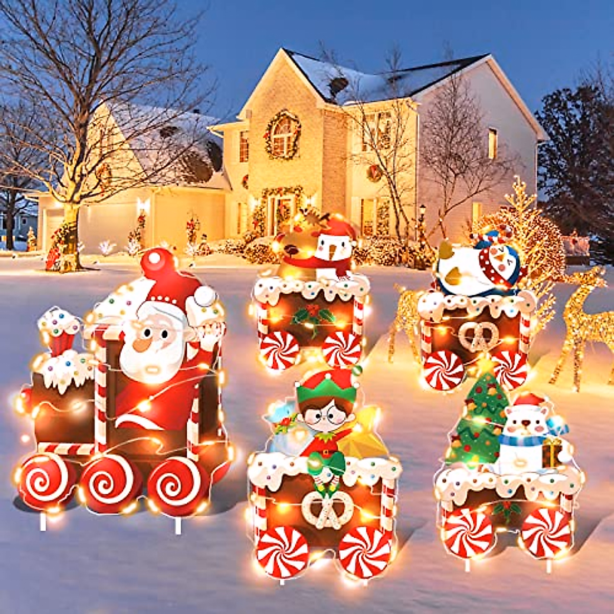 Christmas Train Yard Signs with LED Lights - Christmas Tree Santa Elf Snowman Train Set Lawn Signs with Stakes for Holiday Xmas Lawn Garden Yard Decorations Outdoor, 5 Pack