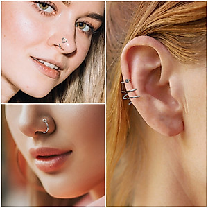 Besteel 21Pcs 22G Nose Rings Hoops 20G Surgical Steel Nose Studs Nostril Nose Piercings Jewelry for Women Men Heart Double Nose Ring Hoop for Single Piercing 1.5mm 2mm 2.5mm CZ silver