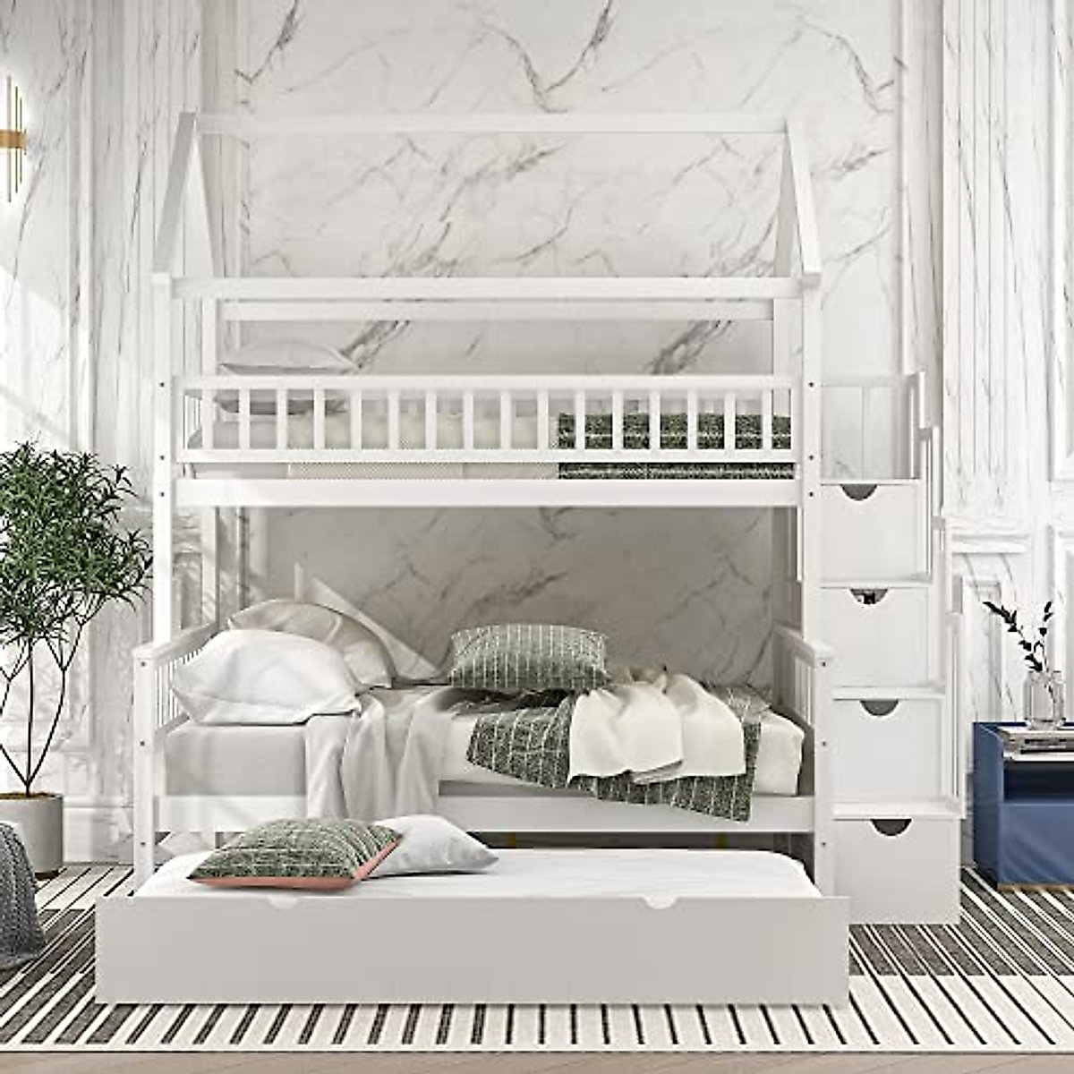 POCIYIHOME Twin Over Full Bunk Bed with Two Drawers and Staircase, Down Bed can be Converted into Daybed, Can Split The Single Bunk into Two Beds, for Kids,Teens Bedroom, No Box Spring Need, White