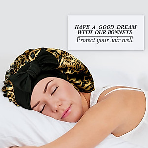2 Pieces Adjustable Silky Hair Bonnet with Wide Elastic Tie Band Straps, Satin Sleeping Cap Jumbo Size for Women Hair Care Black+Leopard Print