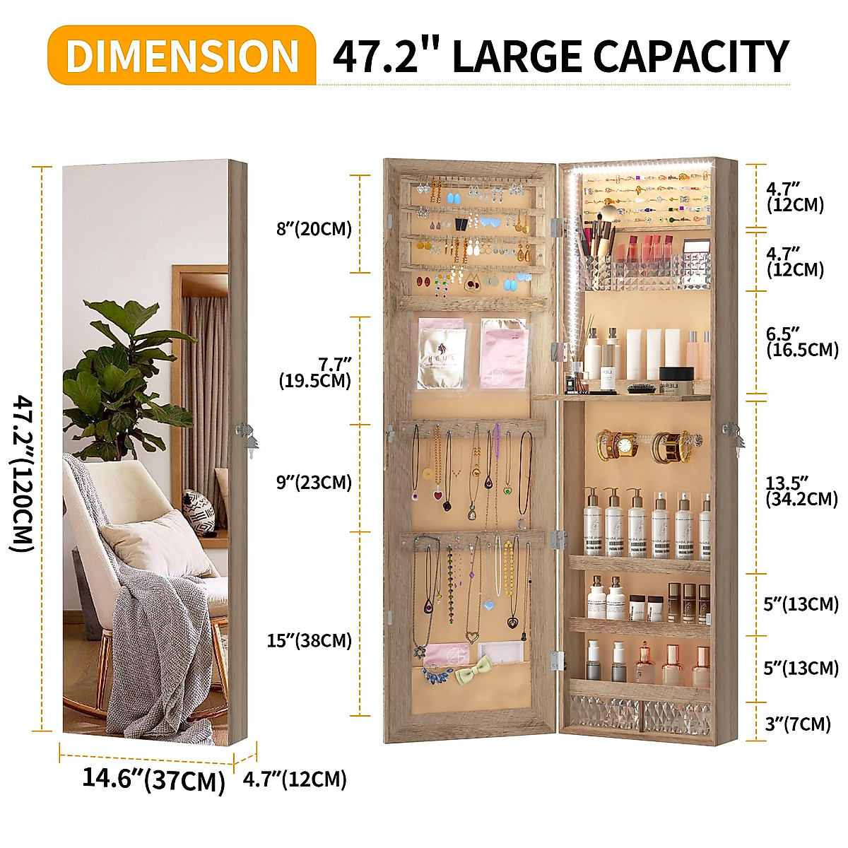 LVSOMT LED Jewelry Mirror Cabinet 47.2", Wall/Door Jewelry Armoire Organizer, Full-Length Mirror with Jewelry Storage, Over The Door Hanging Mirror, 2 Drawers, Lockable, Wood