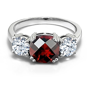 Gem Stone King 925 Sterling Silver Red Garnet and White Zirconia 3 Stone Engagement Ring For Women (3.90 Cttw, Gemstone January Birthstone, Cushion Checkerboard 8MM, Size 8)