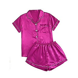 SweatyRocks Women's Short Sleeve Sleepwear Button Down Satin 2 Piece Pajama Set Hot Pink Medium