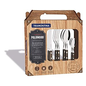 Tramontina Cutlery Set with Steak Knives, 24 Piece Sharp Knife, Forks, Teaspoons, Tablespoons with Wooden Handles, ‎Camping, Kitchen, Rustic, Dishwasher Safe, 21199905