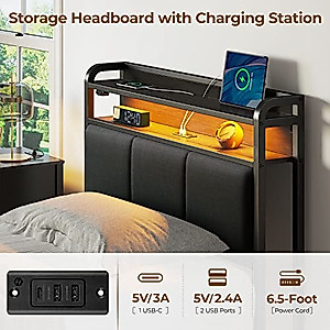 Rolanstar Bed Frame Twin Size with Charging Station and LED Lights, Upholstered Headboard with Storage Shelves, Heavy Duty Metal Slats, No Box Spring Need, Noise Free, Easy Assembly, Dark Grey