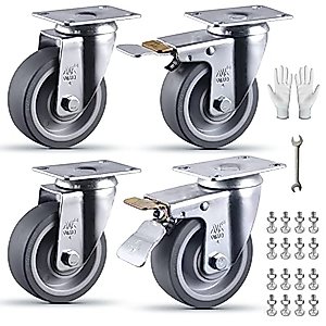 4 Inch Castets Set of 4 Heavy Duty Caster Wheels with Brake 2200Lbs Swivel TPR Rubber Wheel Silent Castor Locking Industrial Plate Casters Wheels for Cart Furniture Workbench, Free Bolts and Nuts