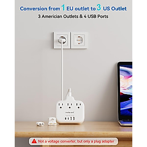 European Travel Plug Adapter, US to European Plug Adapter with 3 American Outlets & 4 USB, 3ft European Power Cord, International Travel Power Strip, Type C for Europe EU Germany France, Travel, White