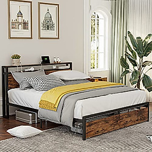 LIKIMIO Queen Bed Frame with Storage Headboard, Platform Bed with Drawers and Charging Station, No Box Spring Needed, Easy Assembly, Vintage Brown