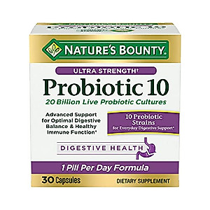 Nature’s Bounty Probiotic 10, Ultra Strength Daily Probiotic Supplement, Support for Digestive, Immune and Upper Respiratory Health, 1 Pack, 30 Capsules
