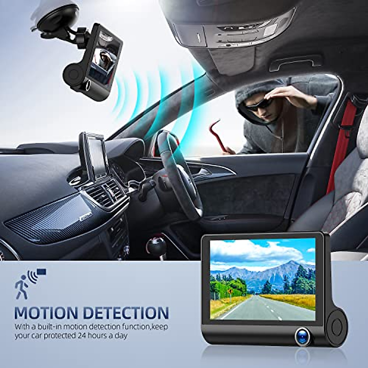 3 Channel Dash Cam Front and Rear Inside, 1080p 4 Inches 170° Wide Angle Dashcam, Dash Camera for Cars with 32GB Card, Super Night Vision, Loop Recording, G-Sensor, Motion Detection, Parking Mode