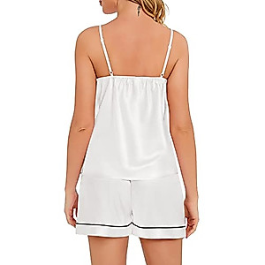 SWOMOG Women's Silk Satin Pajamas Set Lingerie 2Pcs Pjs Cami Top and Shorts Nightwear White